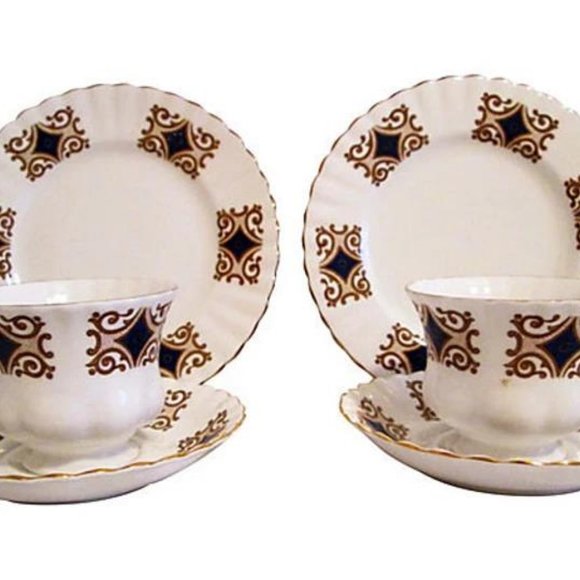 Dining | Vintage English Navy Blue Gold Snackdessert Set 6 Pcs | Poshmark